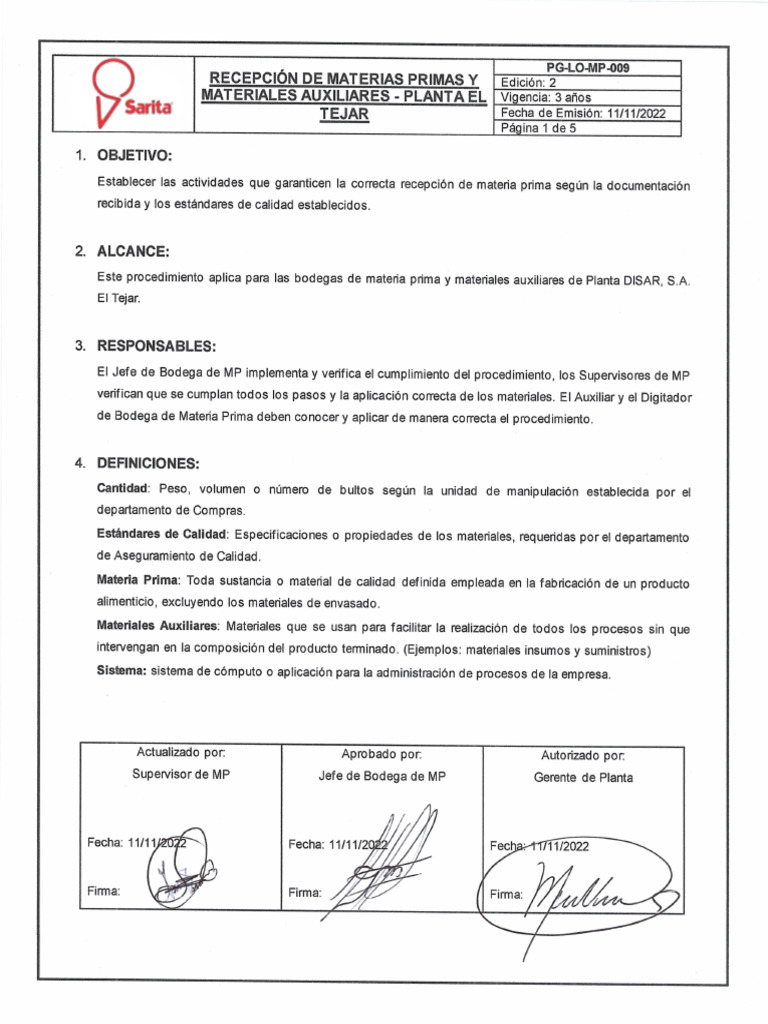 PG-LO-MP-009 Recepción de Materias Primas y Materiales Auxiliares ...