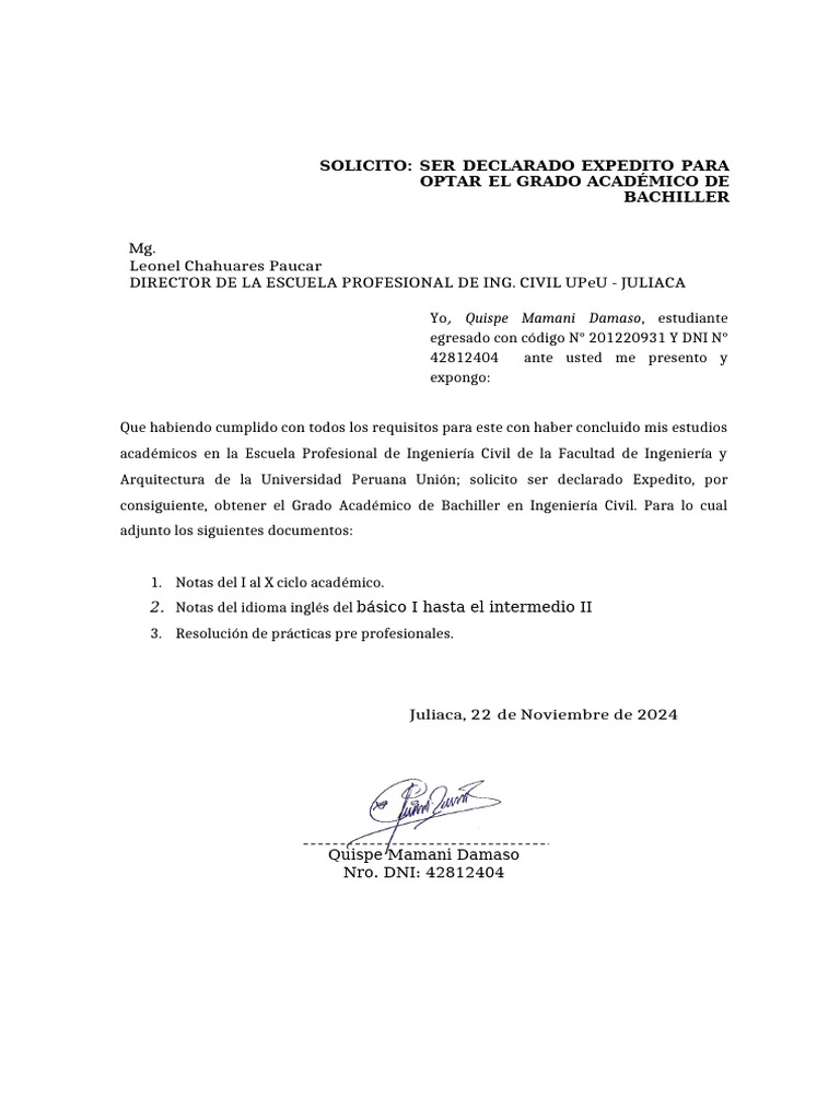 Formato de Solicitud de Expedito de Bachiller - Ep Ing. Civil y Adjuntos | PDF