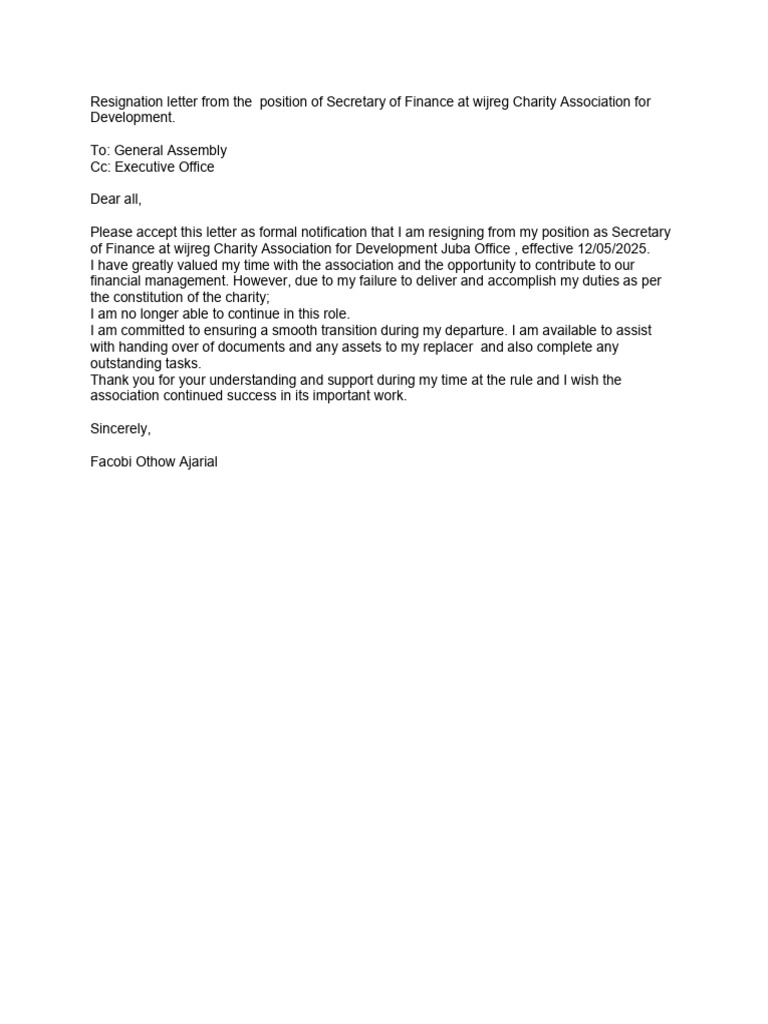 Resignation Letter Form The Posi - . | PDF