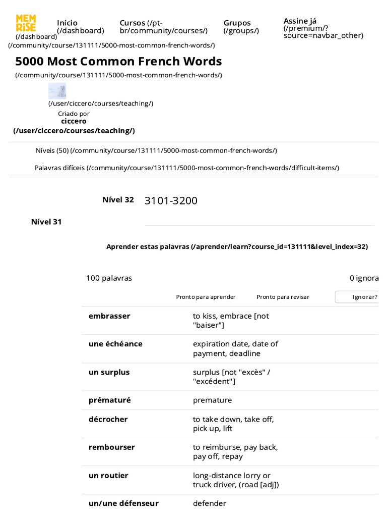 Nível 32 - 3101-3200 - 5000 Most Common French Words - Memrise | PDF