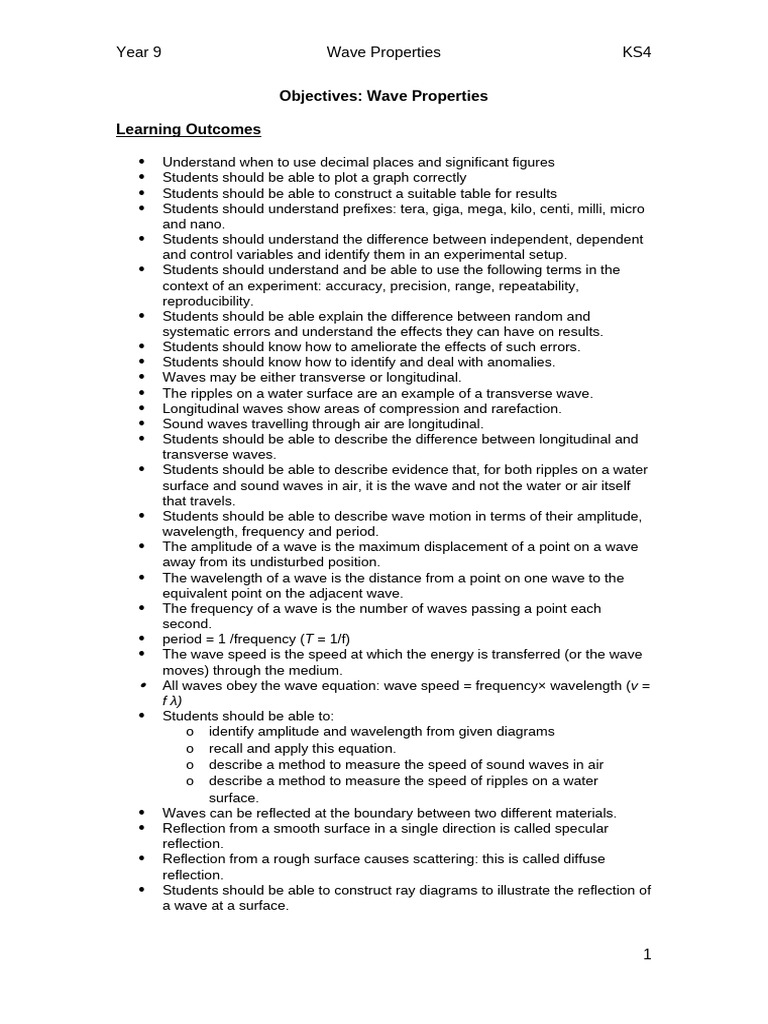 Wave Properties Objectives | PDF | Waves | Wavelength