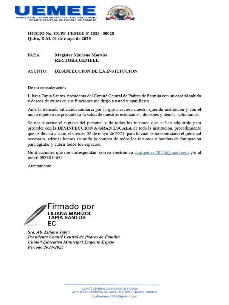 Oficio No. 28 Proceso de Desinfeccion - Signed | PDF