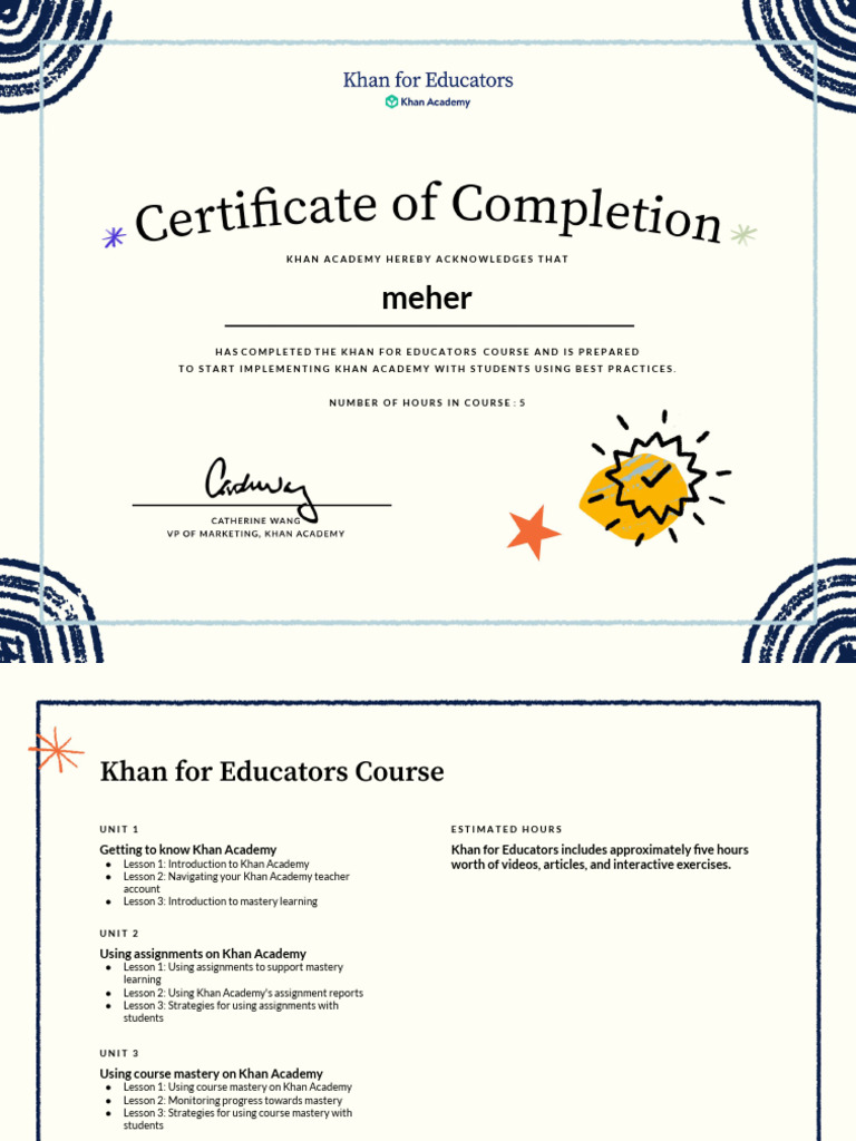 Khan For Educators Certificate - Meher | PDF
