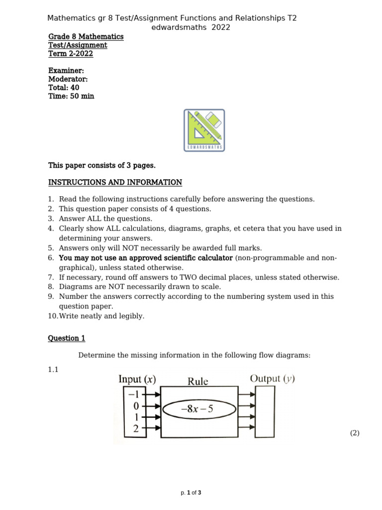 GR 8 Edwardsmaths Test or Assignment Functions and Relationships T2 ...