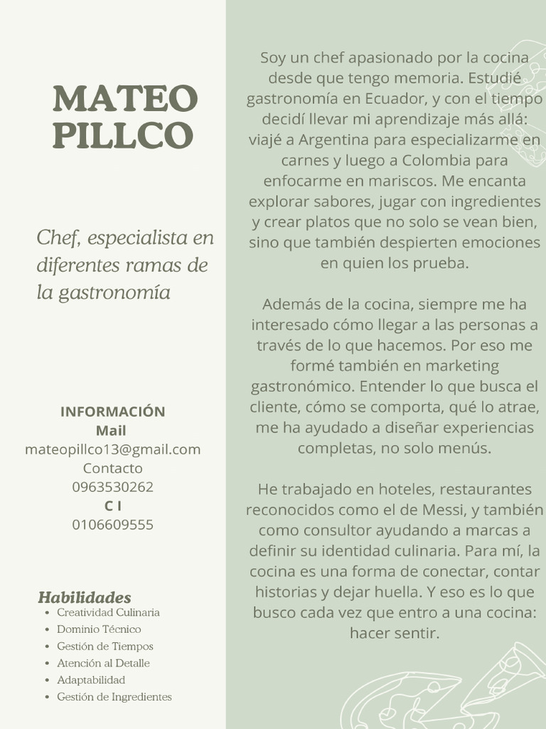 Curriculum para Chef Moderno Chic Simple Ilustrado Verde | PDF