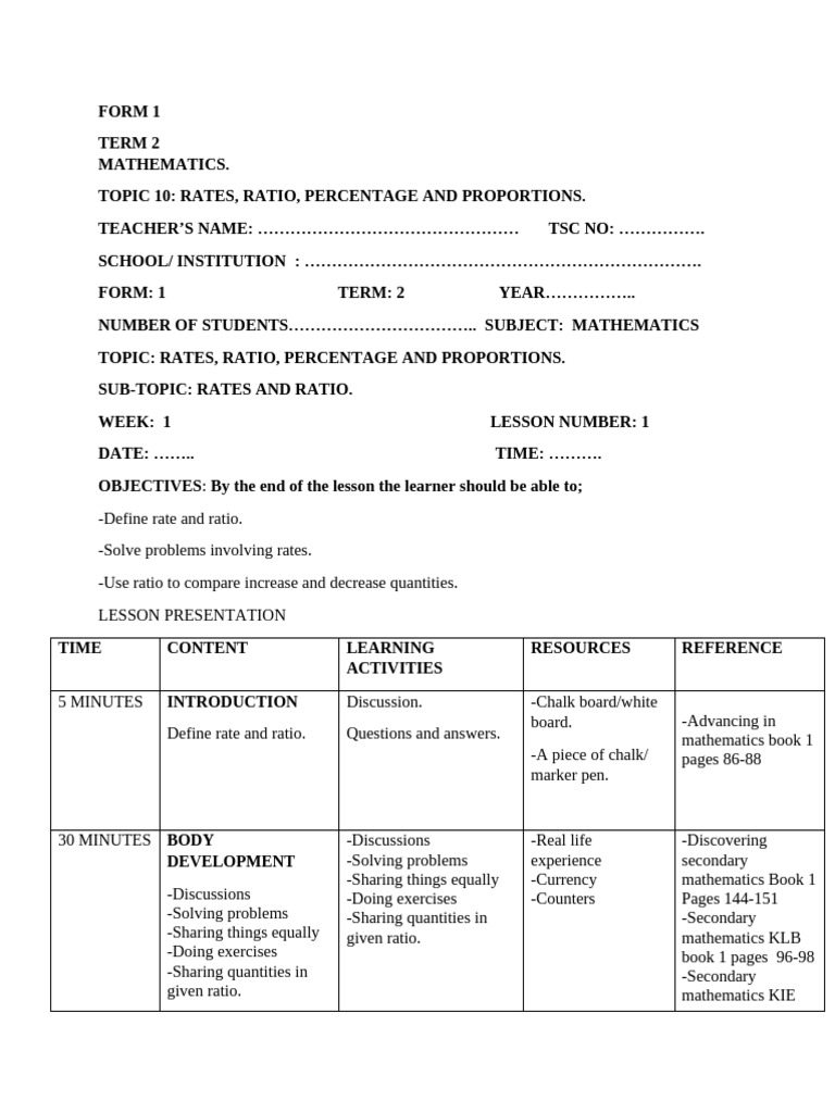 117 Rates Ratio Percentage and Proportions Lesson Plans Form 1 ...