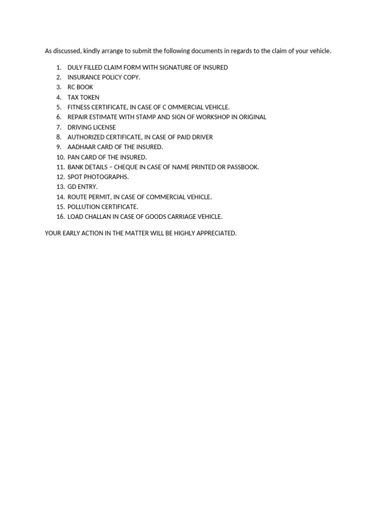 Required Documents for Vehicle Claim | PDF