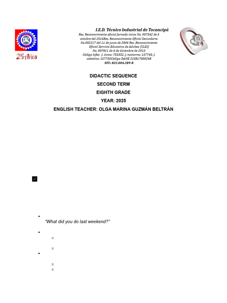 Second Term Didactic Sequence 2025 Eight Grade | PDF | Grammatical Tense | Verb