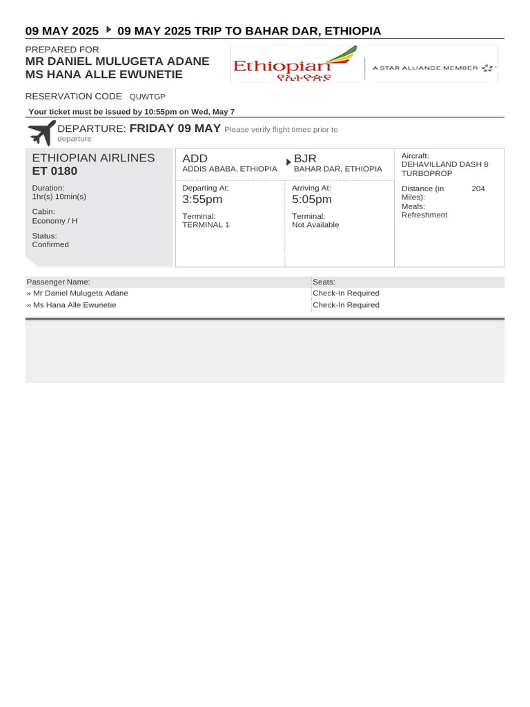 Travel Reservation May 09 For MR DANIEL MULUGETA ADANE | PDF