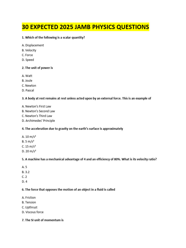 40 Expected Jamb 2025 Physics Questions | PDF | Force | Momentum