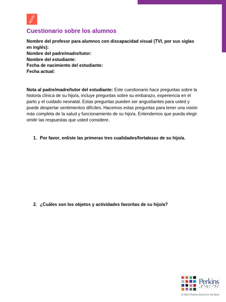 ThePerkinsCVIProtocol - Student Portrait Questionnaire - Spanish | PDF ...