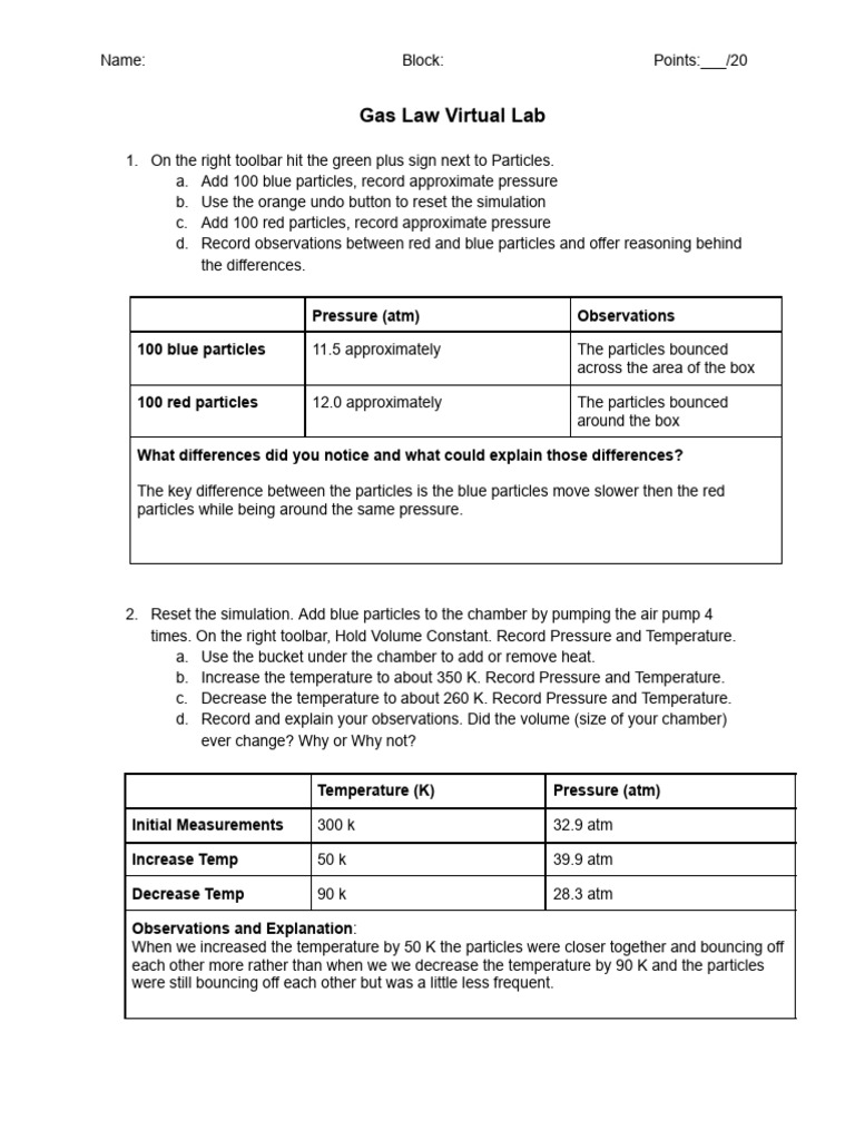 Gas Law Virtual Lab | PDF | Temperature | Pressure