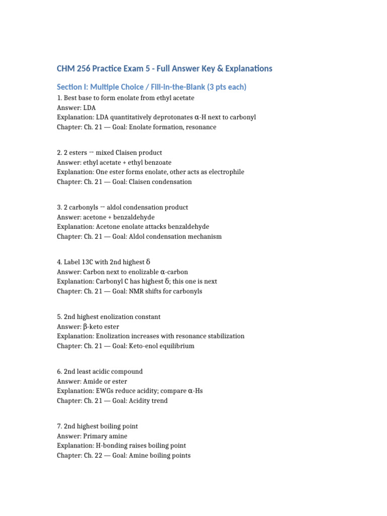 CHM256 Practice Exam Answers | PDF | Ester | Amine