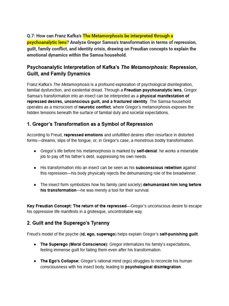 Question - 7 Metamorphosis (By Noor Ul Ain) | PDF | The Metamorphosis ...