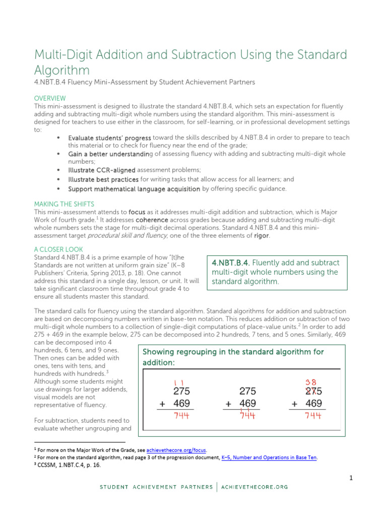 4.NBT.B.4 Multi-Digit Addition and Subtraction Using The Standard Algorithm | PDF | Subtraction ...