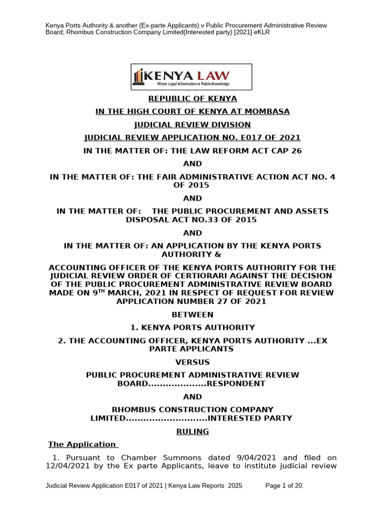 Judicial Review Application E017 of 2021 | PDF | Ex Parte | Justice