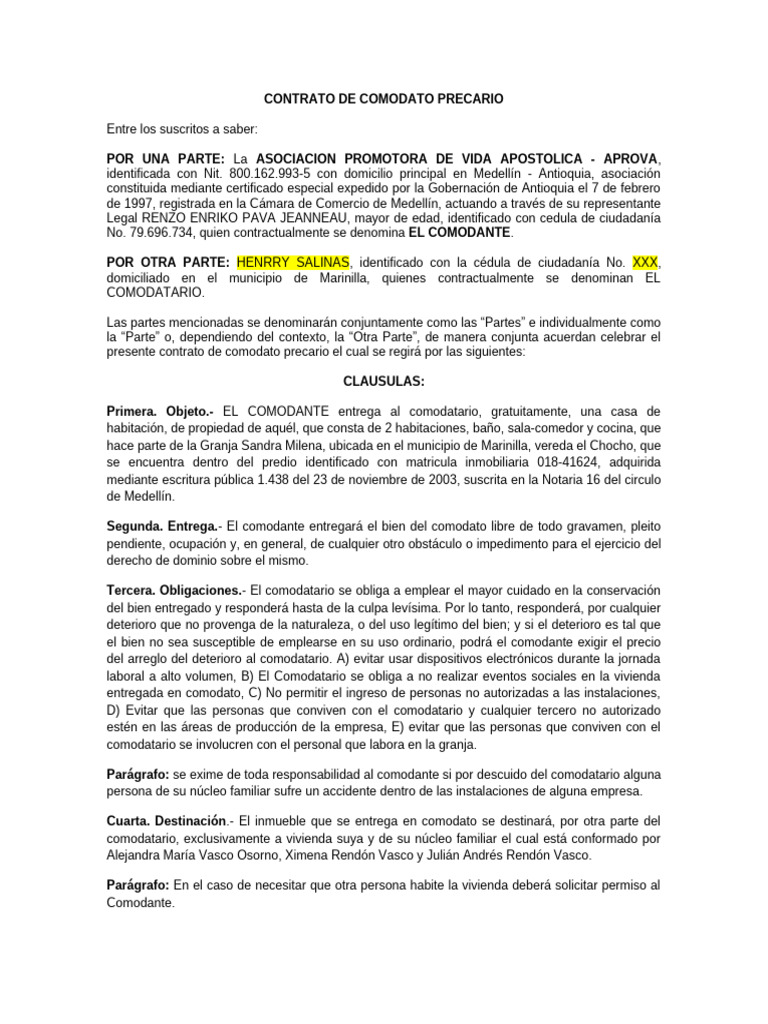 Contrato de Comodato Precario en Marinilla | PDF