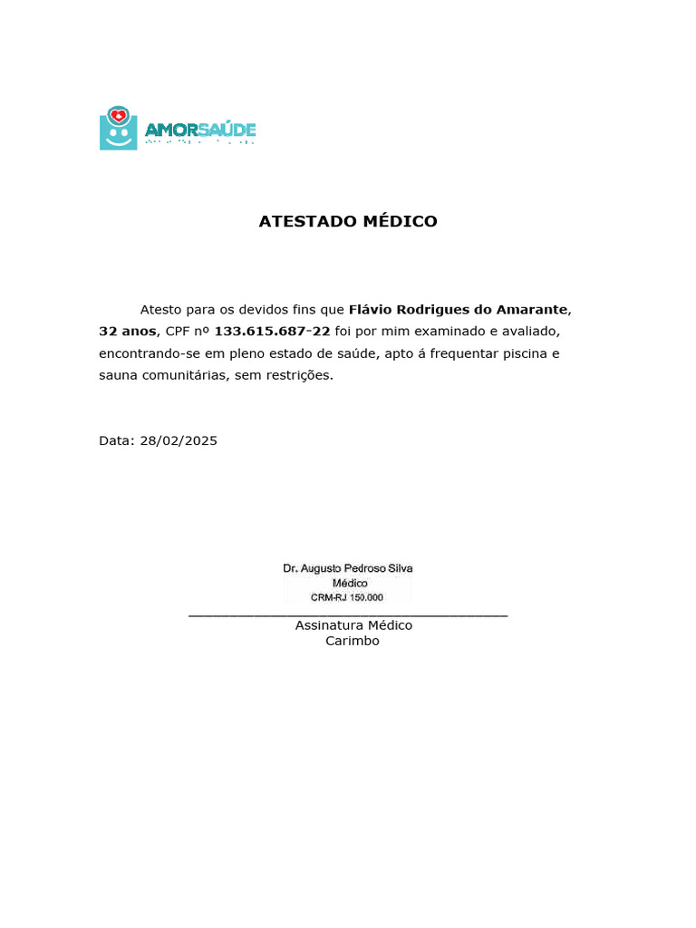 Atestado Médico para Uso de Piscina | PDF