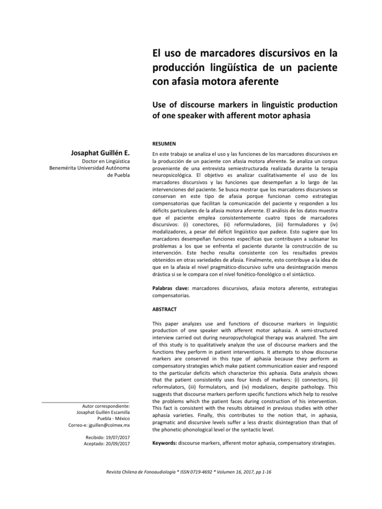 El Uso de Marcadores Discursivos en La P | PDF | Afasia | Neuropsicología