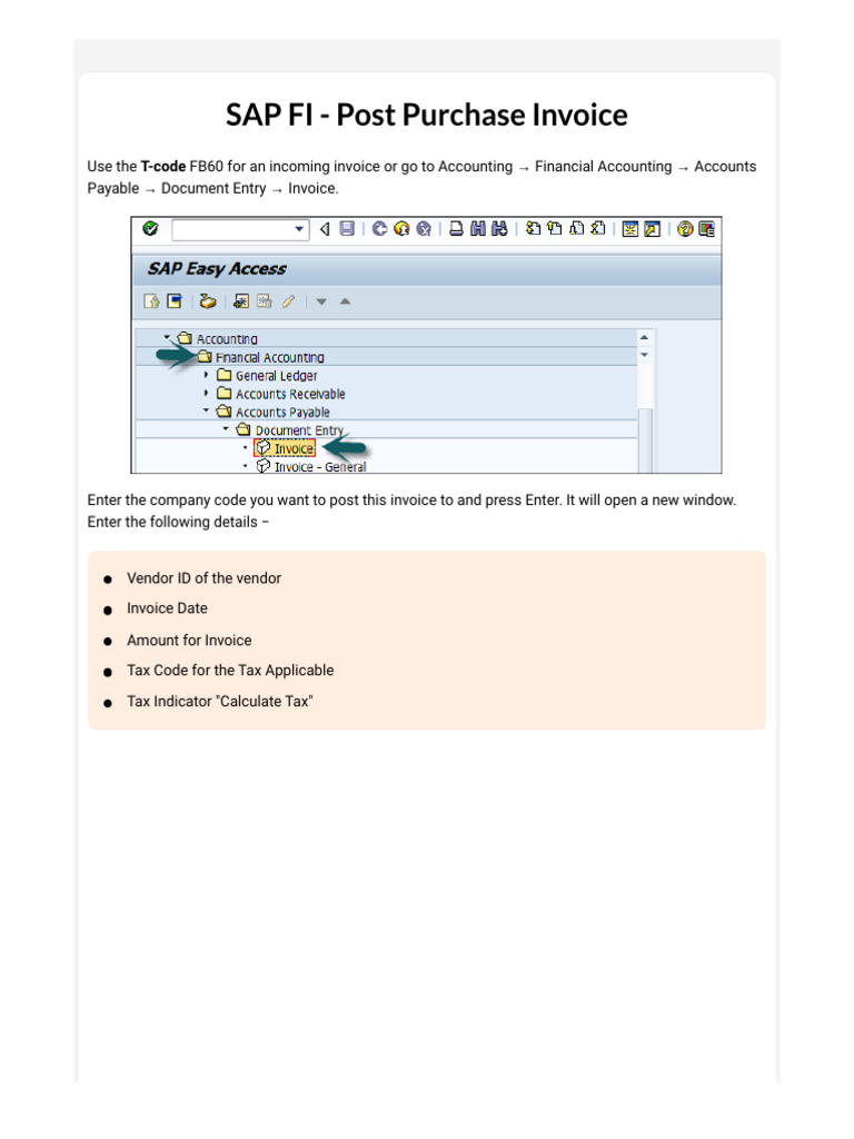 SAP FI - Post Purchase Invoice | PDF