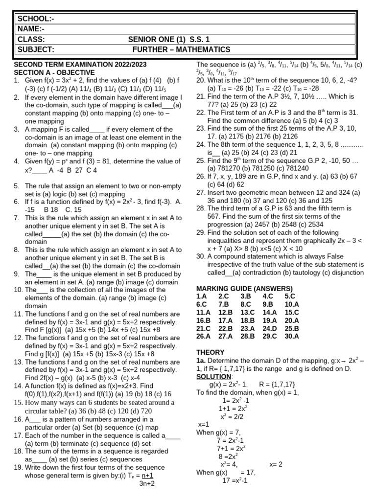 Further Maths Ss1 2nd T-Exam | PDF | Sequence | Function (Mathematics)