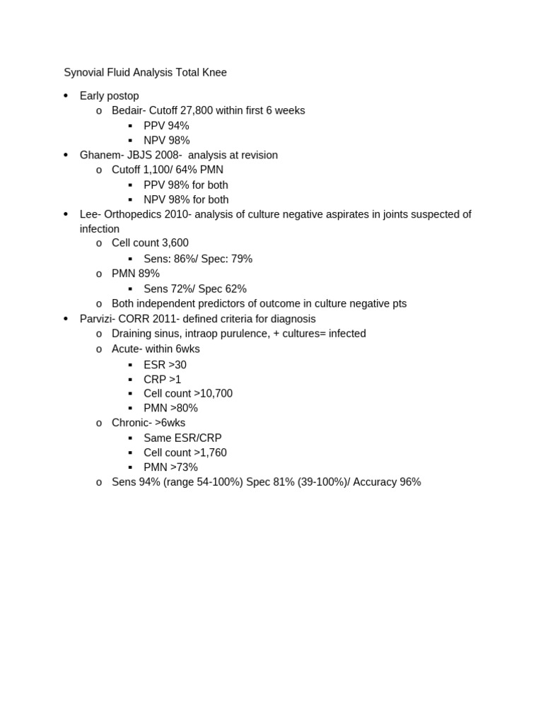 Synovial Fluid Analysis Total Knee | PDF