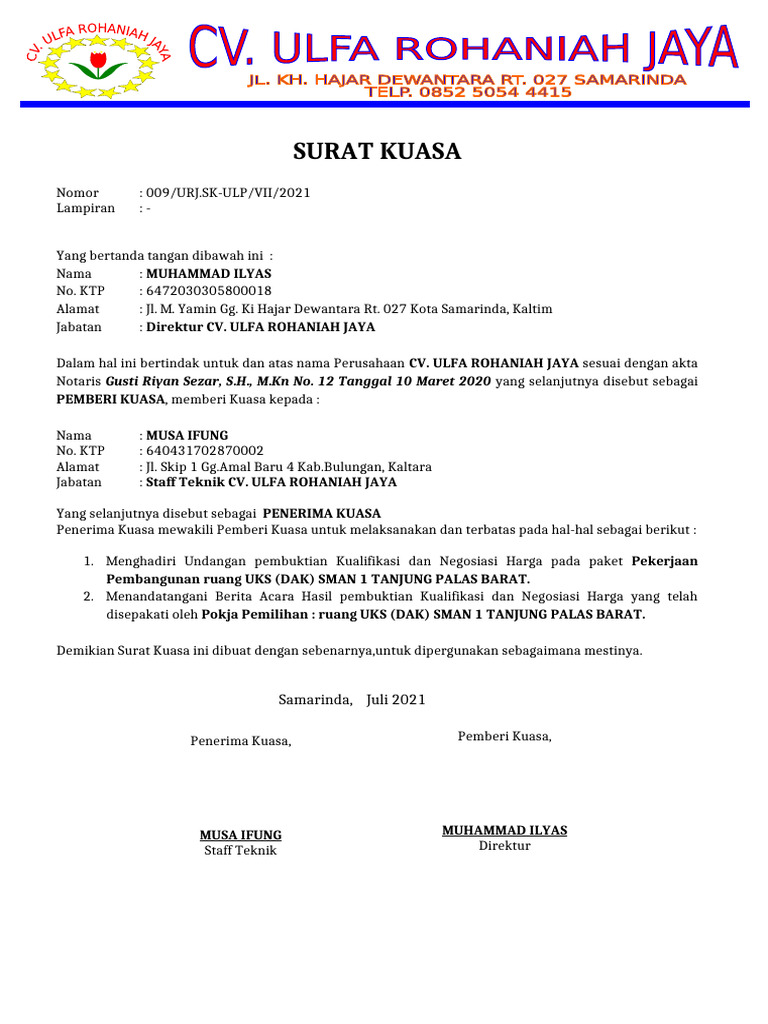 Surat Kuasa Cv. Ulfa | PDF