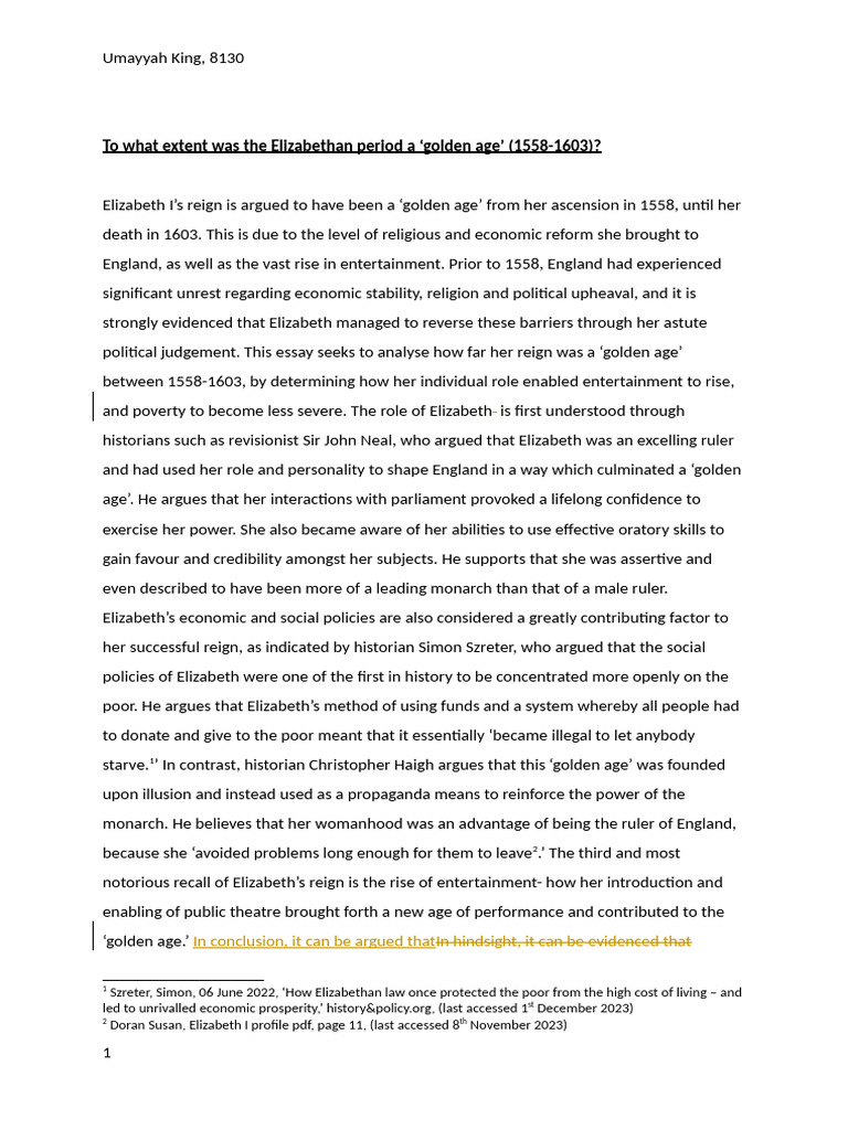 To What Extent Was The Elizabethan Period A Golden Age Third Draft LWI ...