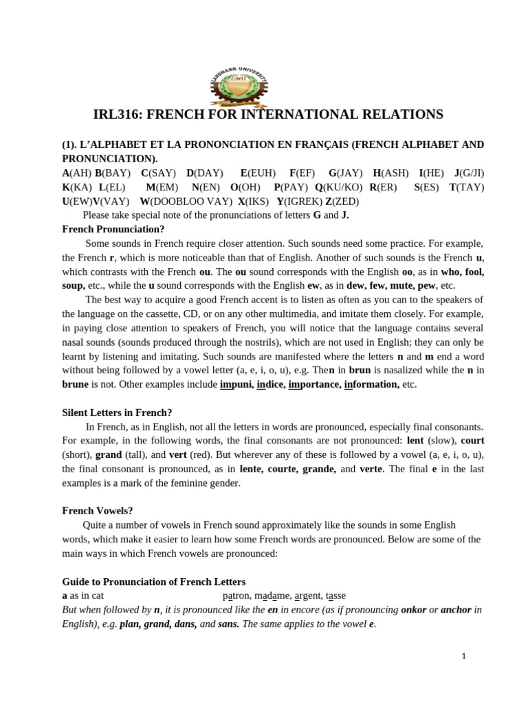 Irl316 Complete Lecture Note, Alpha, 20242025 | PDF | French Conjugation | Grammatical Gender