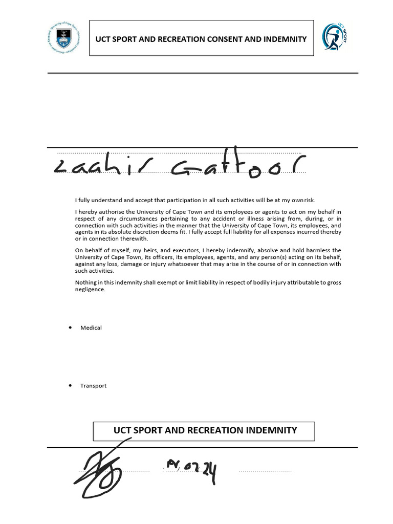 UCT Sports Participation Indemnity Form | PDF | Indemnity | Justice