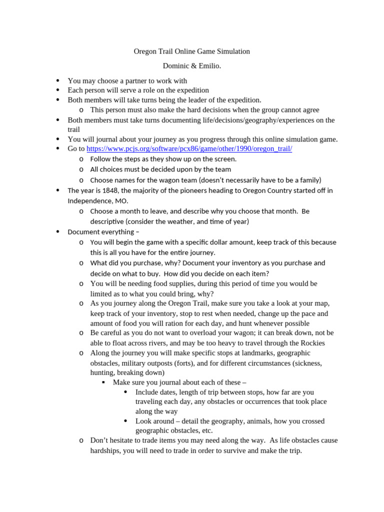 Oregon Trail Online Game Simulation '23-1 | PDF | Oregon Trail