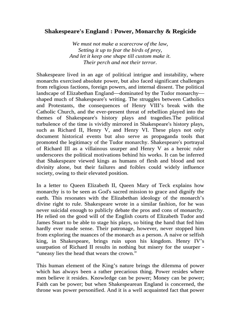Shakespeare's Politics: Power & Regicide | PDF | Macbeth | Hamlet