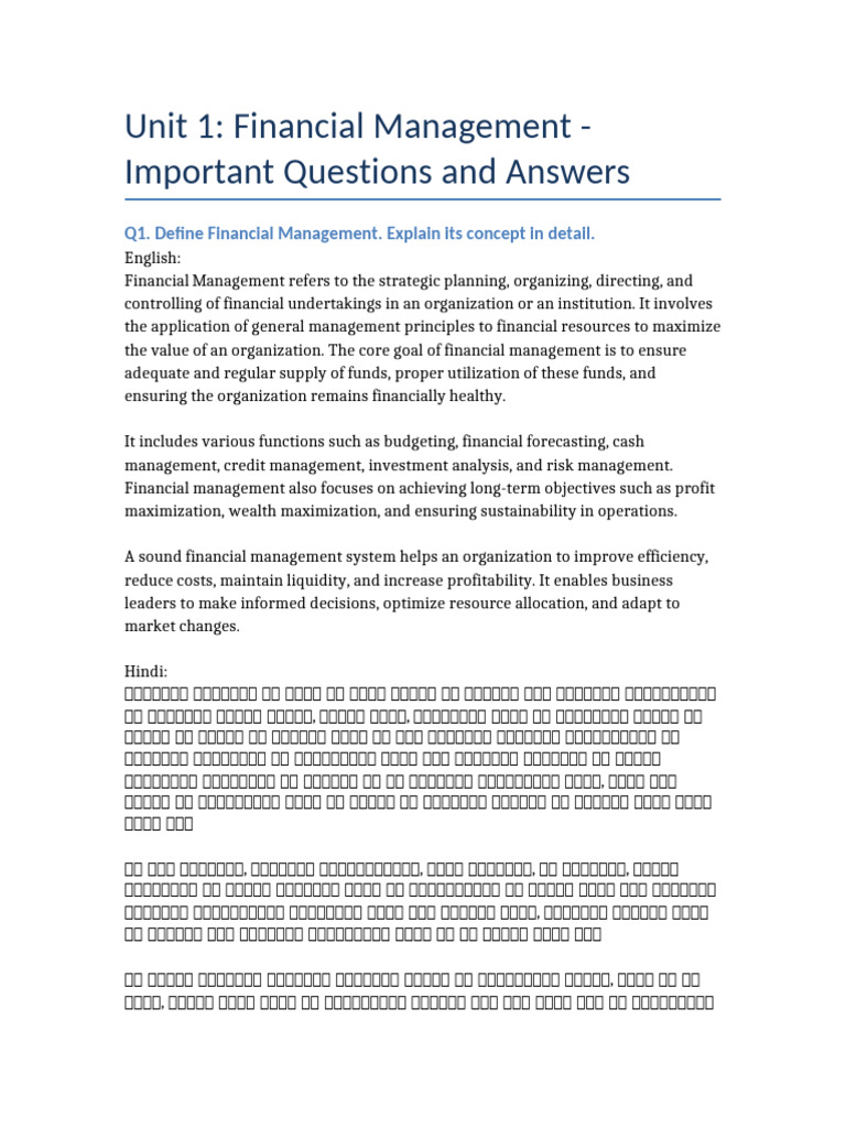 Unit 1 Financial Management QA | PDF