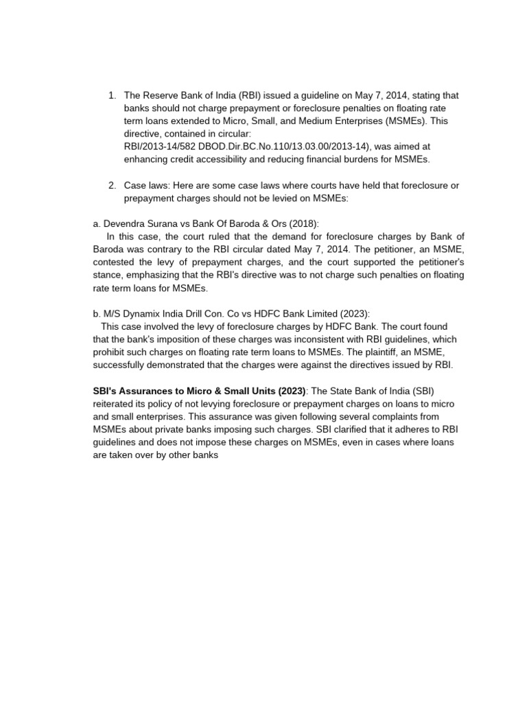 RBI Guidelines on MSME Foreclosure Charges | PDF