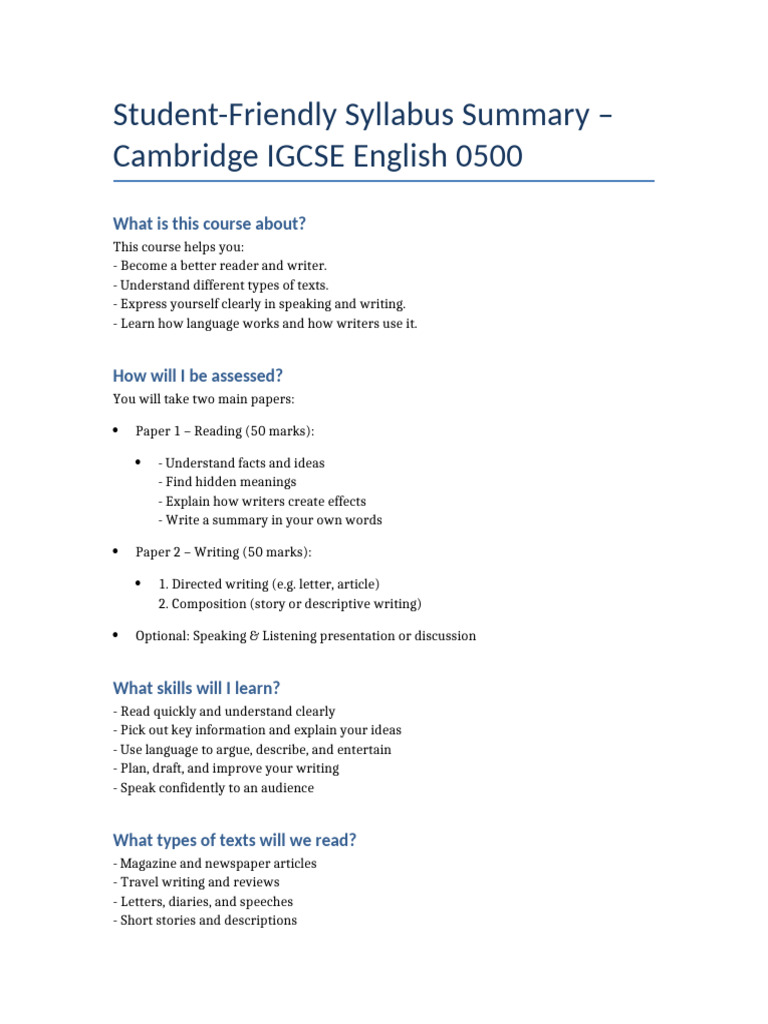 Cambridge IGCSE English 0500 Overview | PDF