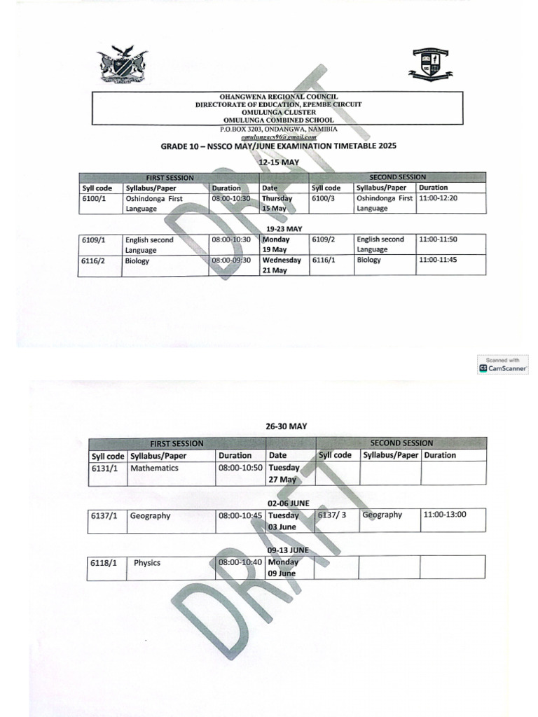 Grade 10 Exam Timetable | PDF