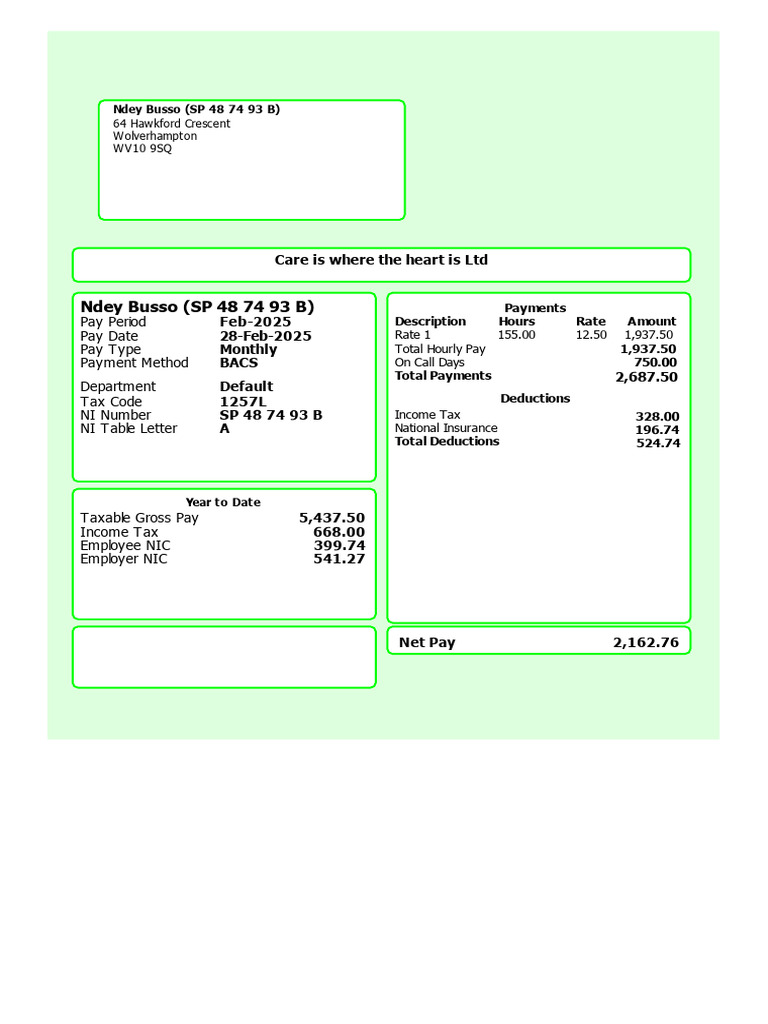 Care is where the heart is Ltd - Employee Payslip for Feb-2025 for Ndey ...