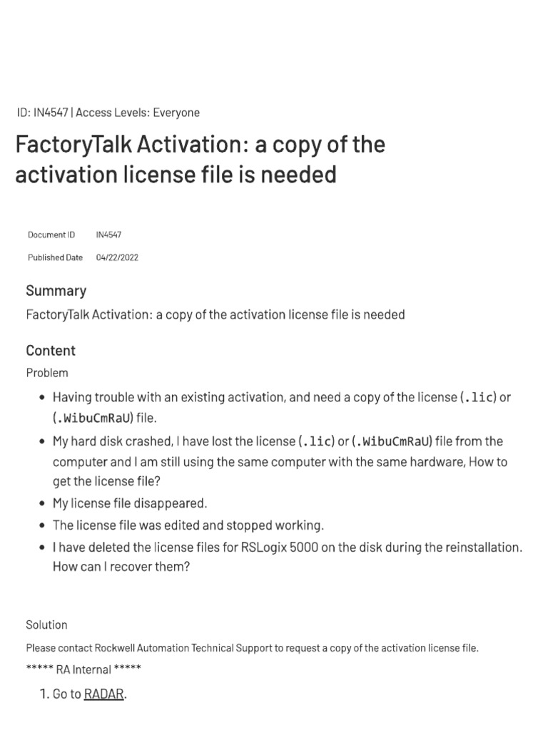 FactoryTalk Activation A Copy of The Activation License File Is Needed ...