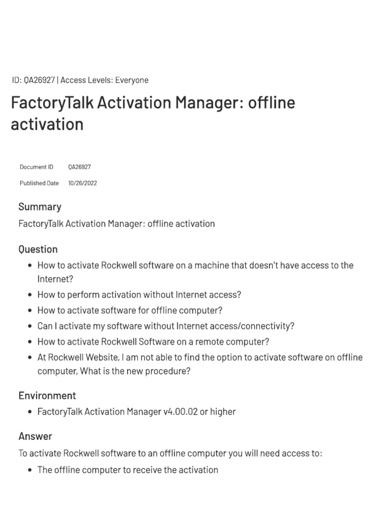 FactoryTalk Activation Manager Offline Activation | PDF