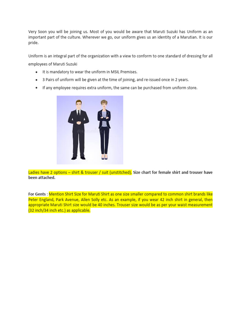 Maruti Suzuki Employee Uniform Guidelines | PDF