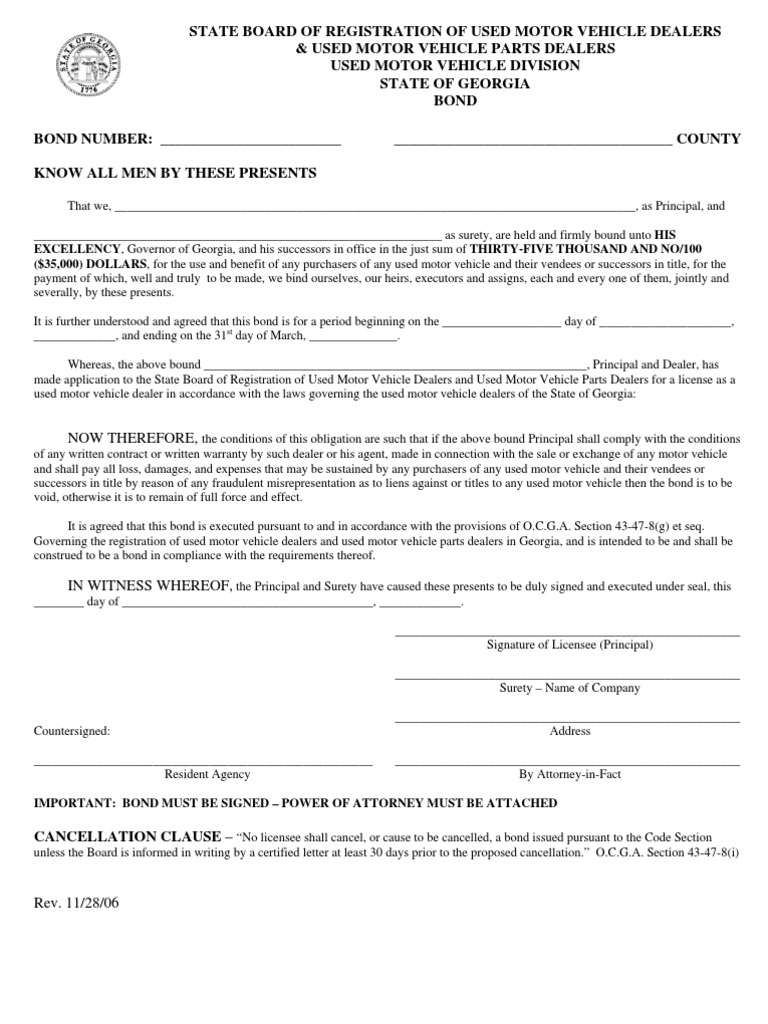 Georgia Used Motor Vehicle Dealer Bond | PDF | Surety Bond | Social ...