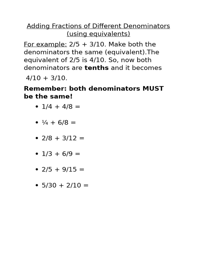 Adding Fractions of Different Denominators HWK | PDF