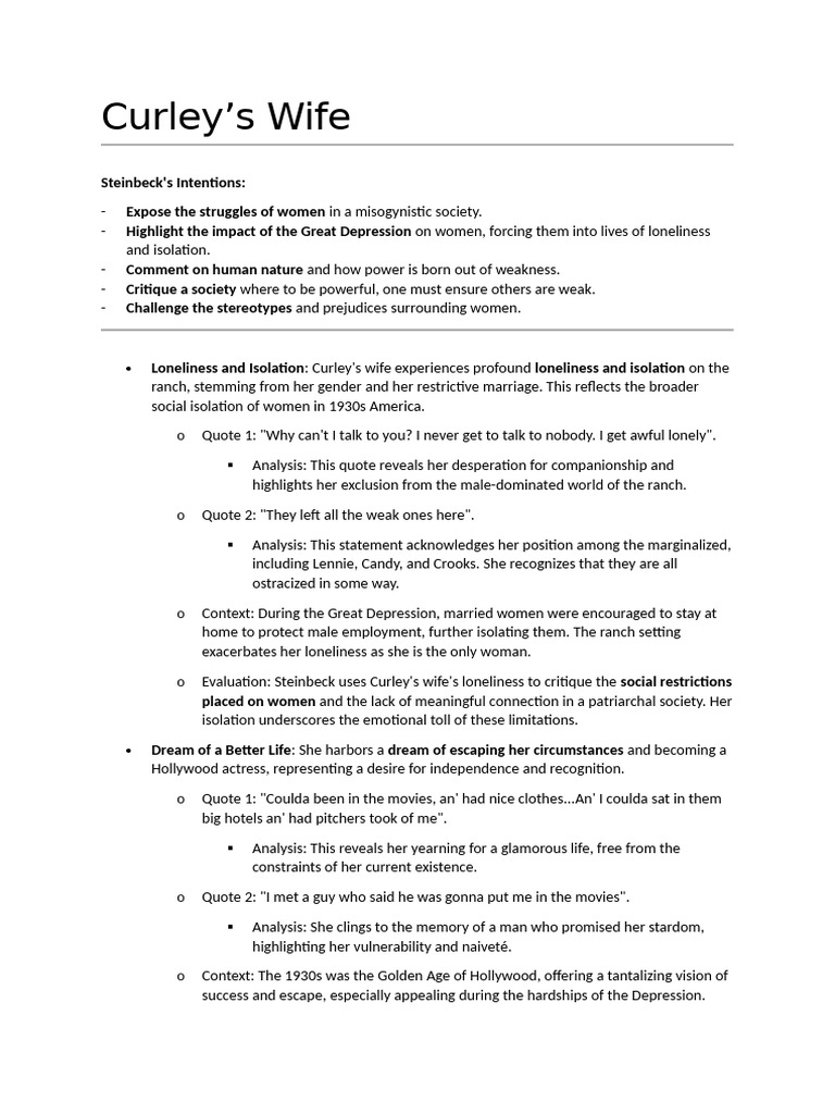 Curley's Wife - Detailed Notes | PDF | Loneliness | Stereotypes