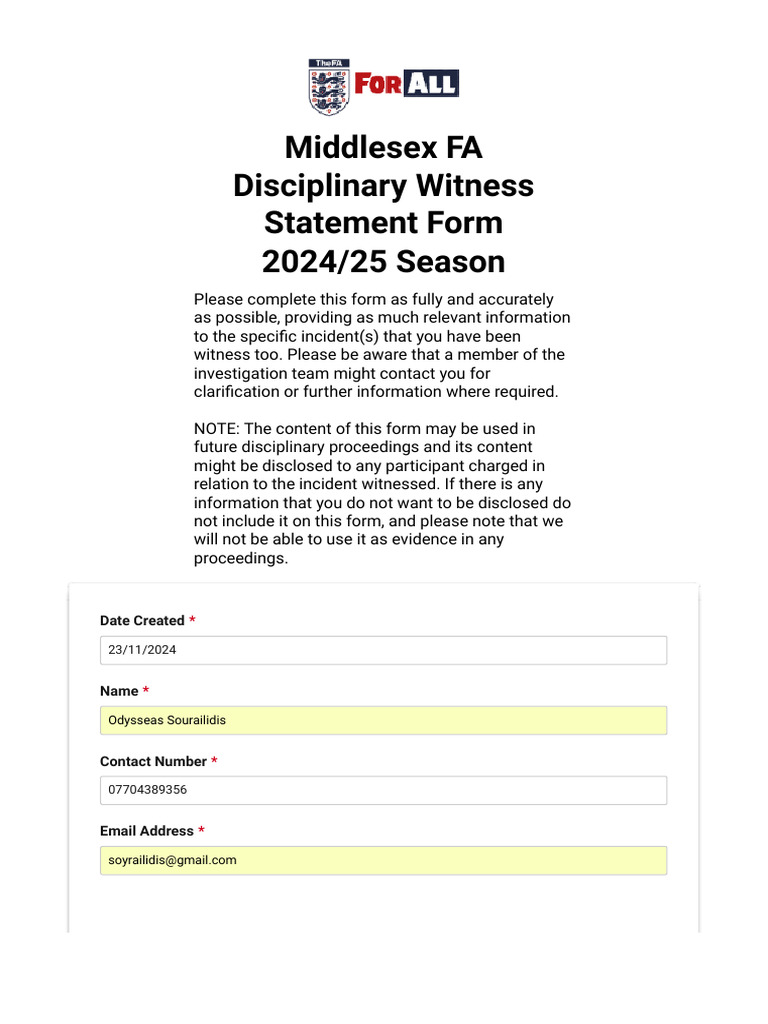 Middlesex FA Disciplinary Witness Form | PDF