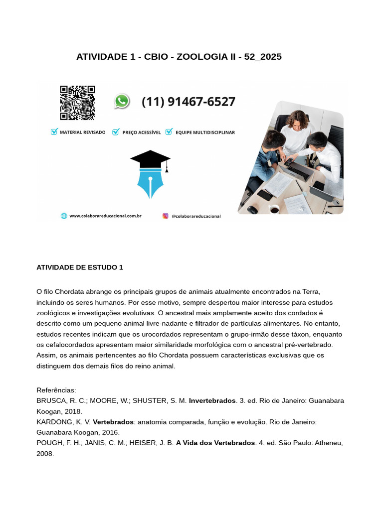 Atividade 1 - Cbio - Zoologia II - 52_2025 | PDF