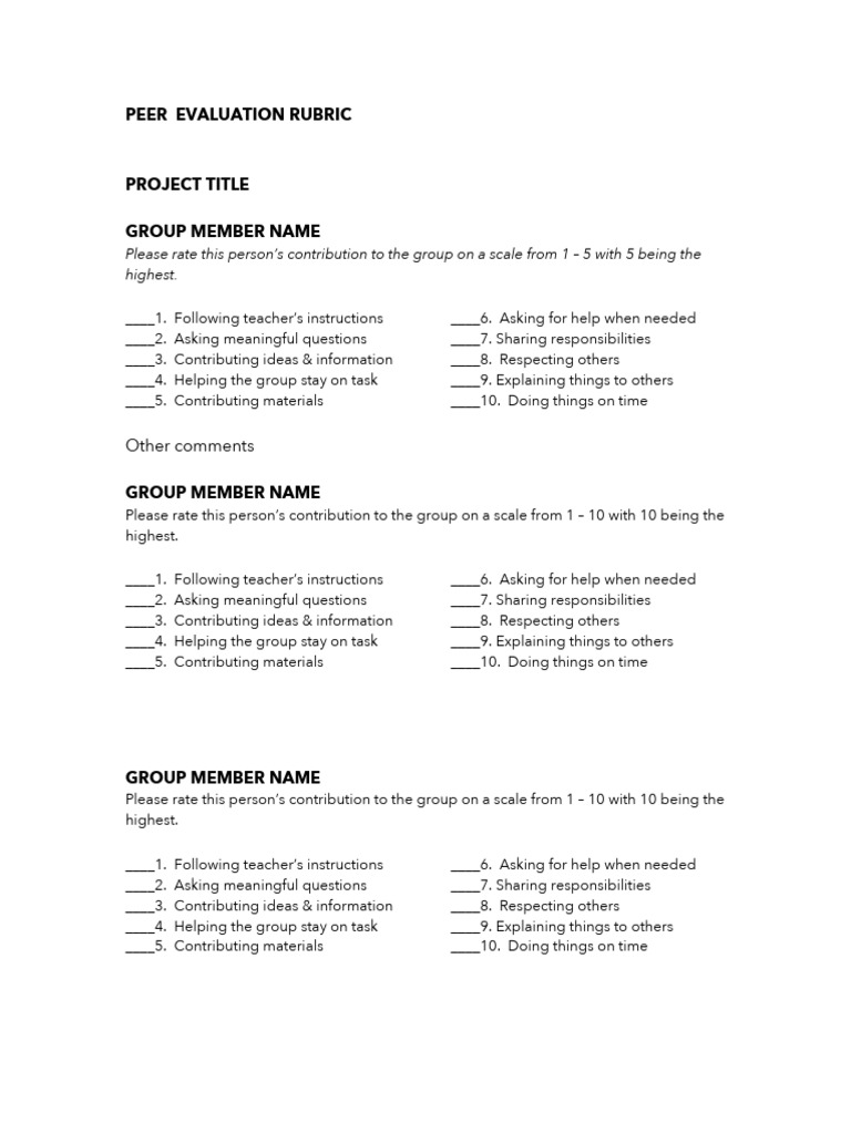 Rubric PeerEvaluation | PDF | Teaching | Educational Assessment And ...