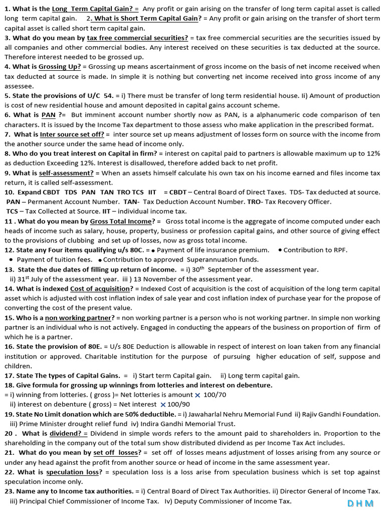 Income Tax II 2 Marks (D H M) | PDF | Capital Gain | Tax Deduction