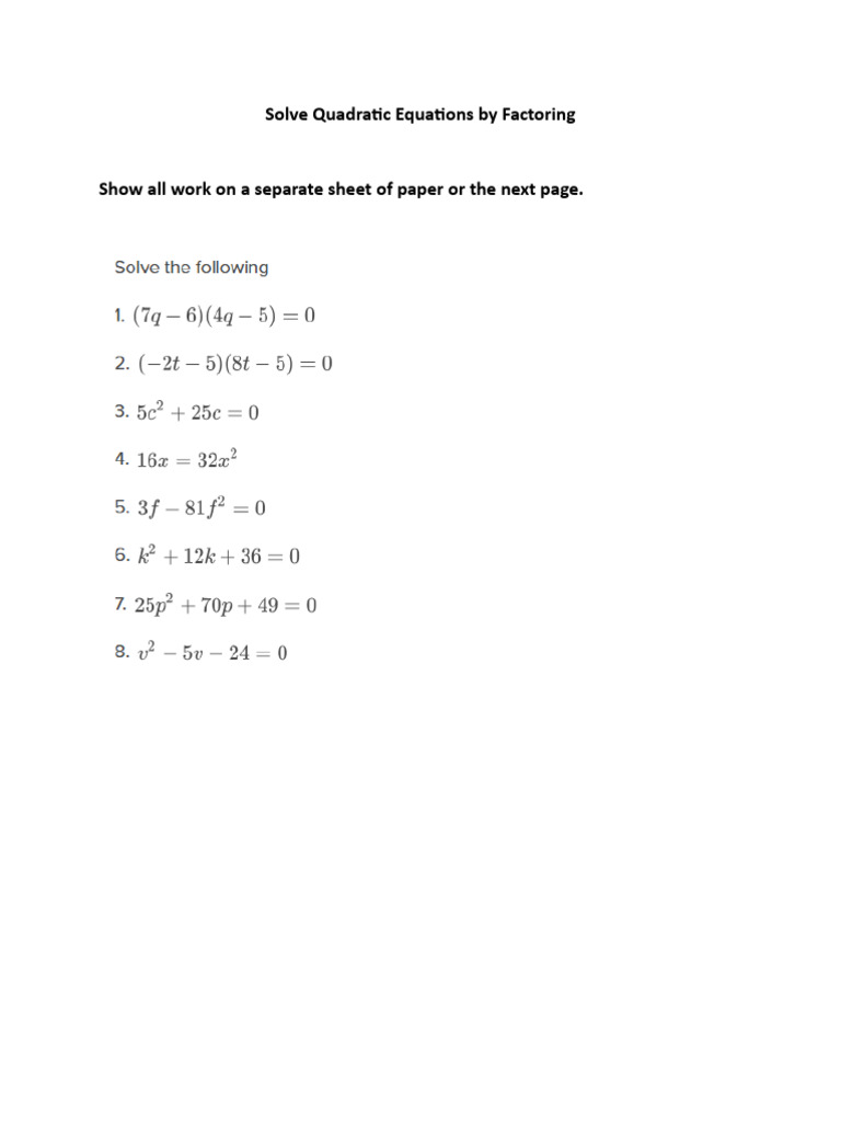 Solve Quadratic Equations by Factoring | PDF