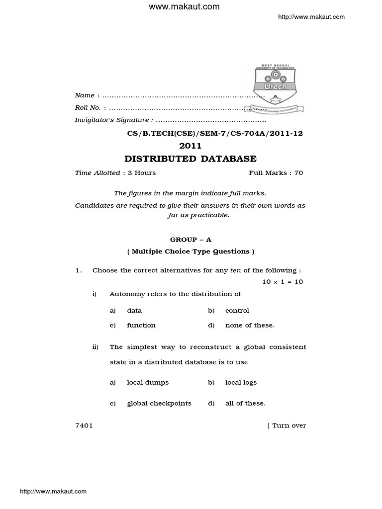 Btech Cse 7 Sem Distributed Database 2011 Pdf Databases Computing