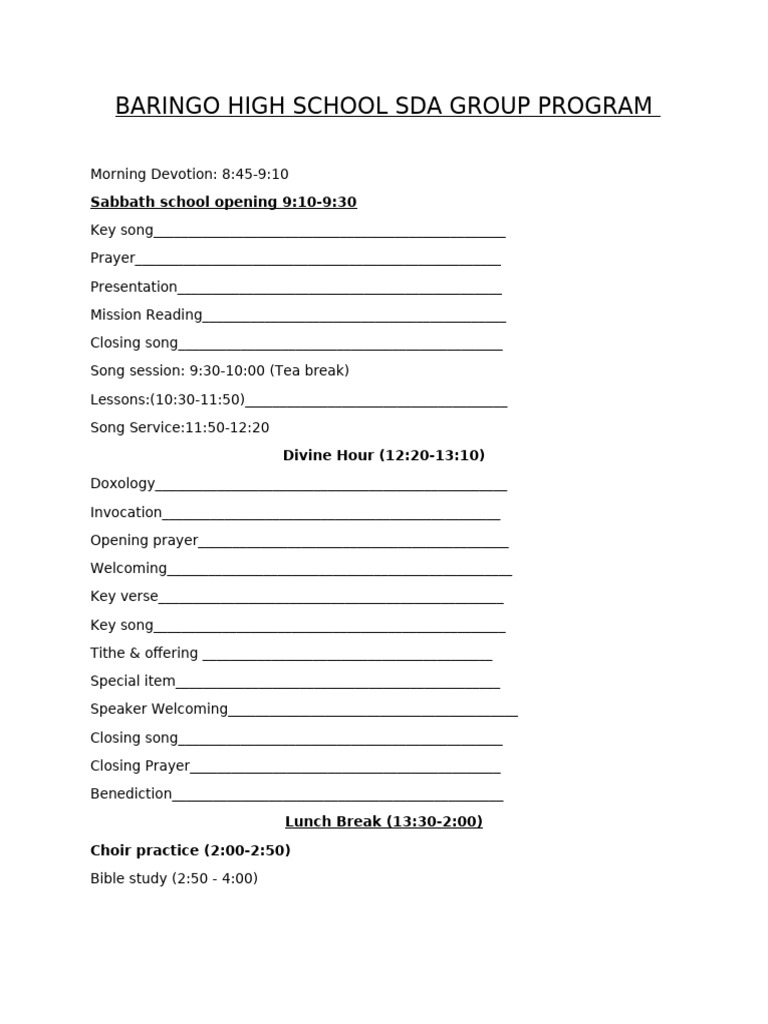 BARINGO HIGH SCHOOL SDA GROUP PROGRAM | PDF